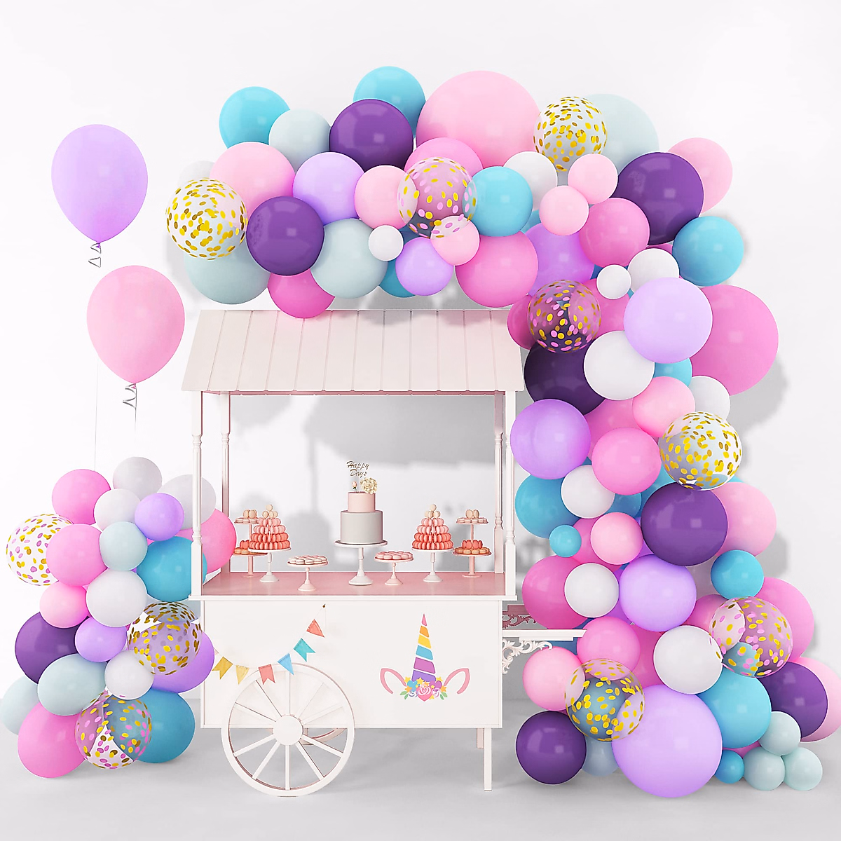 Amandir 168Pcs Unicorn Balloon Garland Arch Kit 12''10''5'' Pink Purple Blue Gold Confetti Magic Movie Balloons for Baby Shower Wedding Birthday Party Decorations Supplies for Girl 3 Balloon Tools