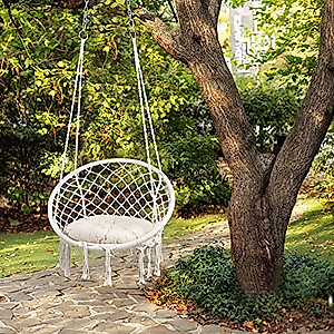 HBlife Hammock Chair, Hanging Swing with Macrame and Cushion, Max 330 Lbs, Beige Hanging Cotton Rope Chair for Indoor, Outdoor, Bedroom, Patio, Yard, Deck, Garden and Porch