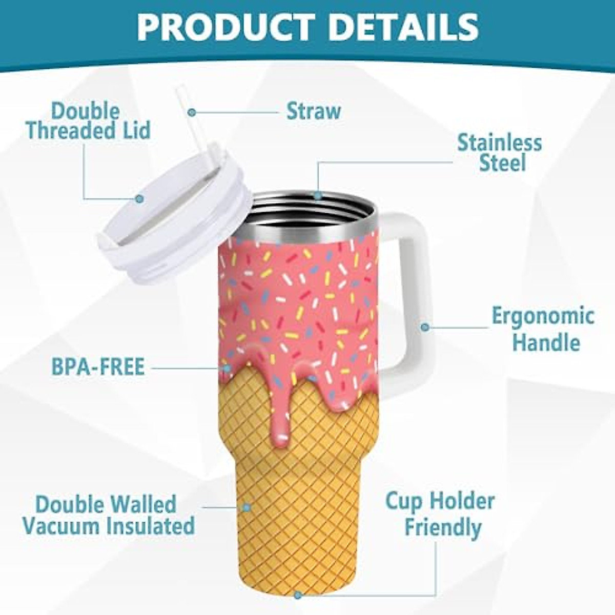 Pink Glaze Sprinkles Waffle Tumbler with Handle and Straw Lid, 40 oz Insulated Coffee Cup Stainless Steel Water Bottle Travel Mug Cupholder Friendly,Gifts for Women Men