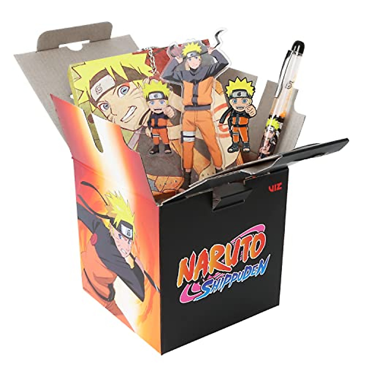 JUST FUNKY Naruto Shippuden Naruto Uzumaki Looksee Collector Box | 5 Official Naruto Collectibles | Includes Wall Canvas, Enamel Pin, Keychain, Acrylic Stand, and Floaty Pen | Collect Them All
