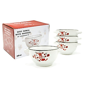 20-ounce Footed Ceramic White Soup Cereal Bowls with Handles - Set of 4 - Fox Folk Art Dinnerware Crocks