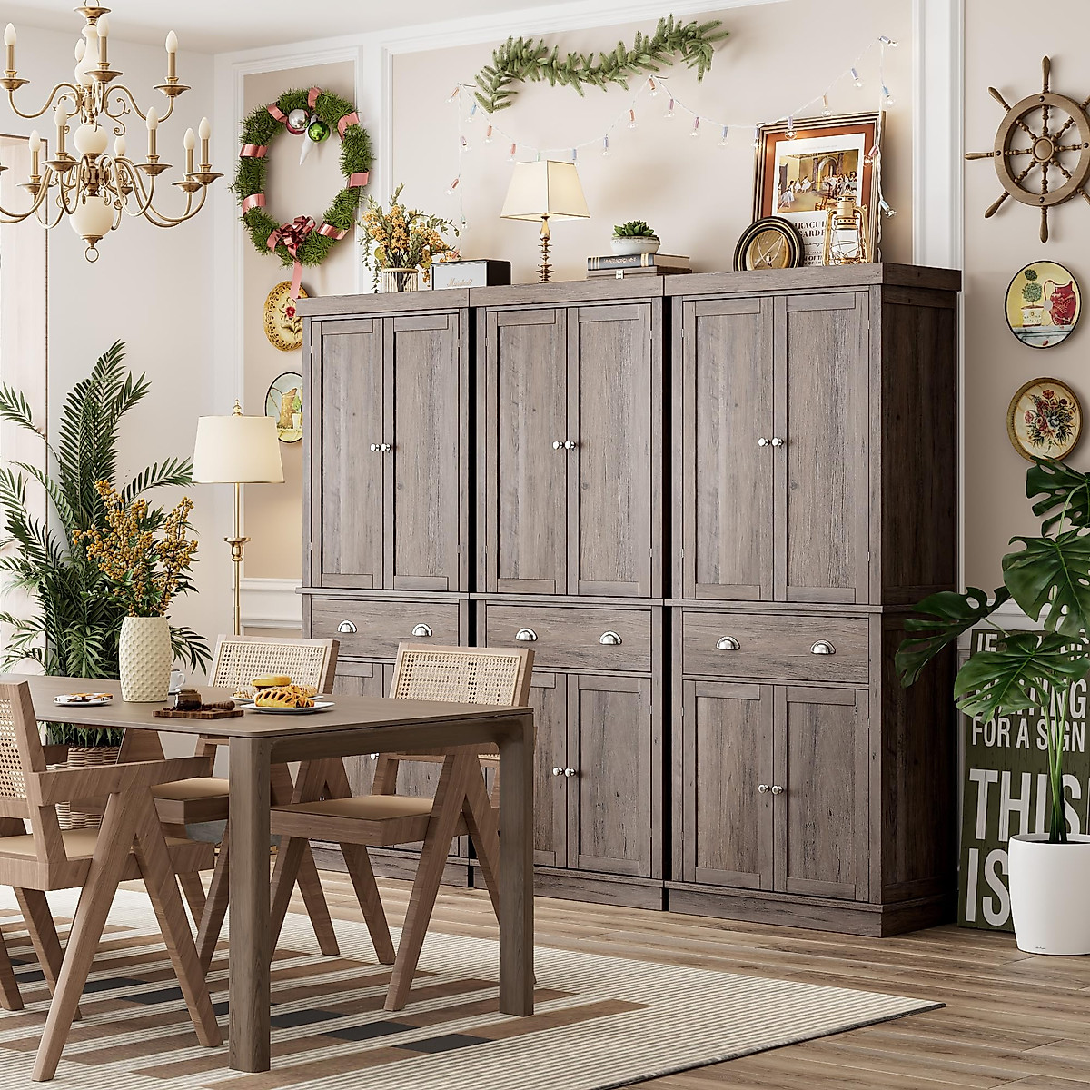 FOTOSOK 72" Kitchen Pantry Storage Cabinets with Drawer, Freestanding Cupboard with 4 Doors, Drawer, 4 Shelves, Utility Pantry Cabinet for Kitchen, Dining Room, Living Room, Ash Grey