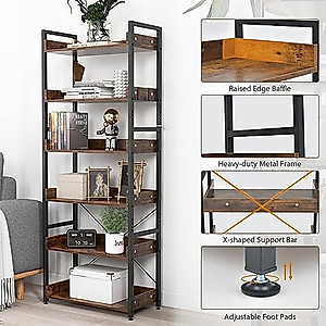 Giantex Industrial 6-Tier Bookshelf, 70" Tall Freestanding Storage Display Shelf with 4 Hooks, Anti-Tipping Device, Adjustable Foot Pads, Wooden Floor Open Display Shelving, Bookcase Shelf Rack
