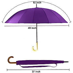 MRTLLOA 52 Inch Windproof Large Umbrellas for Rain, 16 Ribs, J Wooden Handle, 210T High-density Fabric Golf Stick Umbrella(52 Inch, Purple)