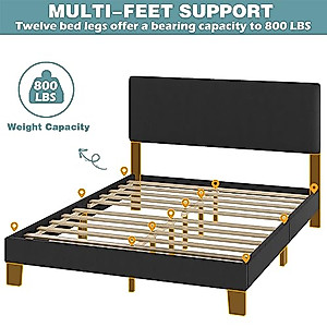 Lifezone Queen Bed Frame with Headboard,Linen Upholstered Bed Frame with Wood Slats Support,No Box Spring Needed,Heavy Duty Feet,Easy Assembly,Dark Grey