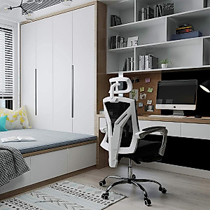 Hbada Ergonomic Office Chair High Back Desk Chair Recliner Chair with Lumbar Support Height Adjustable Seat, Headrest- Breathable Mesh Back Soft Foam Seat Cushion with Footrest, White