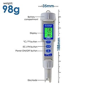 3 in 1 Water Quality Multi-Parameter pH EC Temperature Meter Tester Monitor Sensor Probe Test Kit ATC Waterproof Black-Light for Aquariums Hydroponics Laboratory Pool Spa Drinking Water