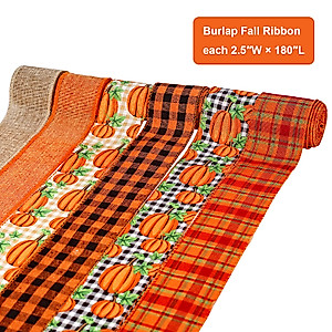 6 Rolls 30 Yards Fall Burlap Ribbon, 2.5″W Buffalo Plaid Wired Edge Ribbon with Pumpkin Pattern Thanksgiving Theme Craft Ribbon Rustic Autumn Harvest Ribbon for Wrapping Gifts Making Wreath Bow