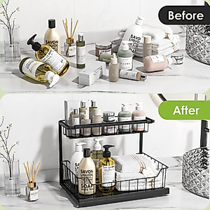 Hounyoln Under Sink Organizer and Storage,2-Tier Metals Kitchen Cabinet Organizer Pull-Out Sliding Cabinet Basket Storage Organization,for Kitchen/Bathroom/Laundry Space Saver