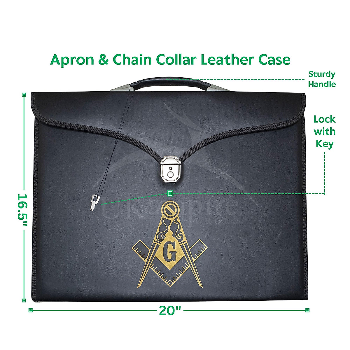 UK EMPIRE GROUP Masonic Apron & Chain Collar Case Leather Master Mason (Printed) MM, Provincial Size – Freemason Carrying Bags (Gold)