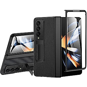 spoovcto for Samsung Galaxy Z-Fold-4 Case: Spring Hinge Protection & Kickstand Dual Layer Protective with Built-in Screen Protetctor Phone Case for Galaxy Z Fold 4 5G 2022 (Lychee Pattern-Black)