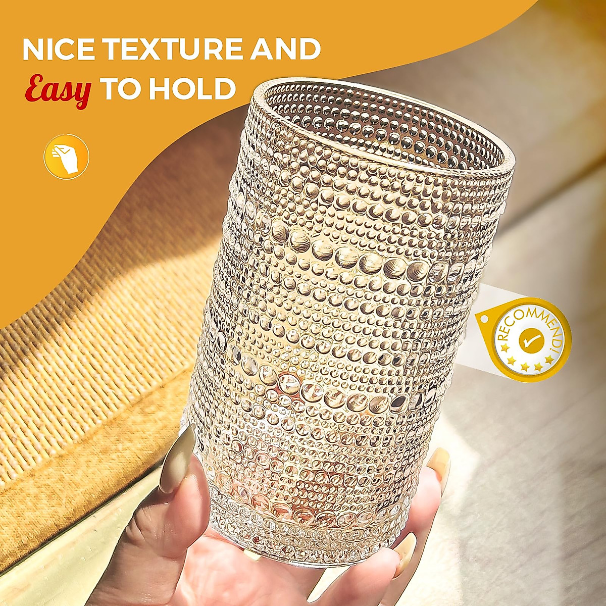 FULGNU Hobnail Drinking Glasses Set of 12, 11.8 oz Vintage Glasses Drinking Set & 10 oz Cocktail Glasses Set, Embossed Glass Cups for Kitchen, Beer, Juice, Cocktail, Whiskey, Milk