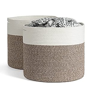 Goodpick 2pack Large Woven Blanket Storage Baskets Round Laundry Basket Toy Organizier Clothes Hamper Shoe Storage Bins Brown