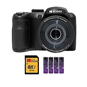 Kodak PIXPRO AZ255 Astro Zoom 16MP Digital Camera (Black) Bundle with Kodak 32GB SD Card and AA Batteries(4-Pack) (3 Items)