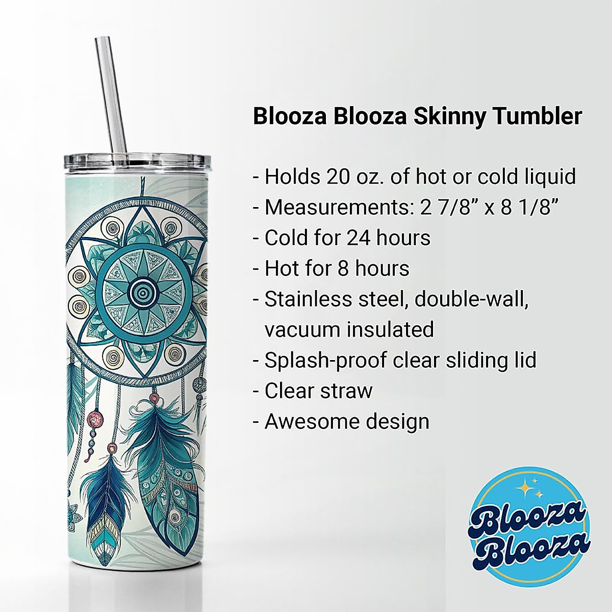 Abstract Teal Blue Dream Catcher Southwestern Design Skinny Tumbler 20oz with Straw Insulated Water Bottle Gift