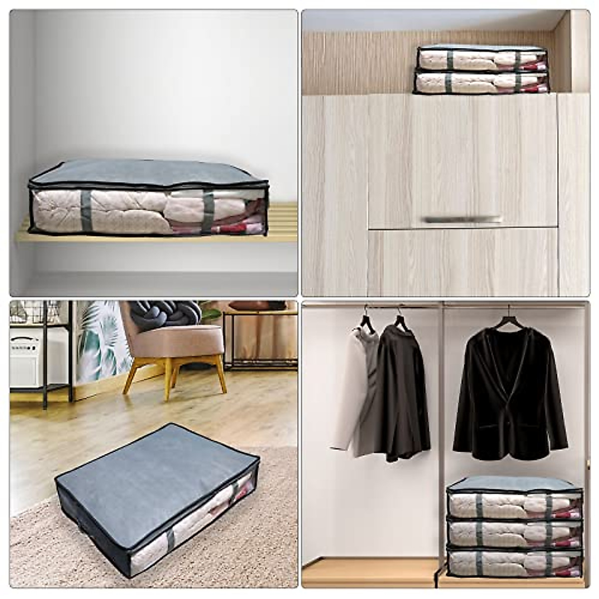 YuGtcen Underbed Storage, 3 Pcs Under Bed Storage Containers Foldable Zippered Clothing Storage Bag for Bedroom Organization, Blanket Storage Bins for Comforter, Sweaters, Clothes, etc (Grey)