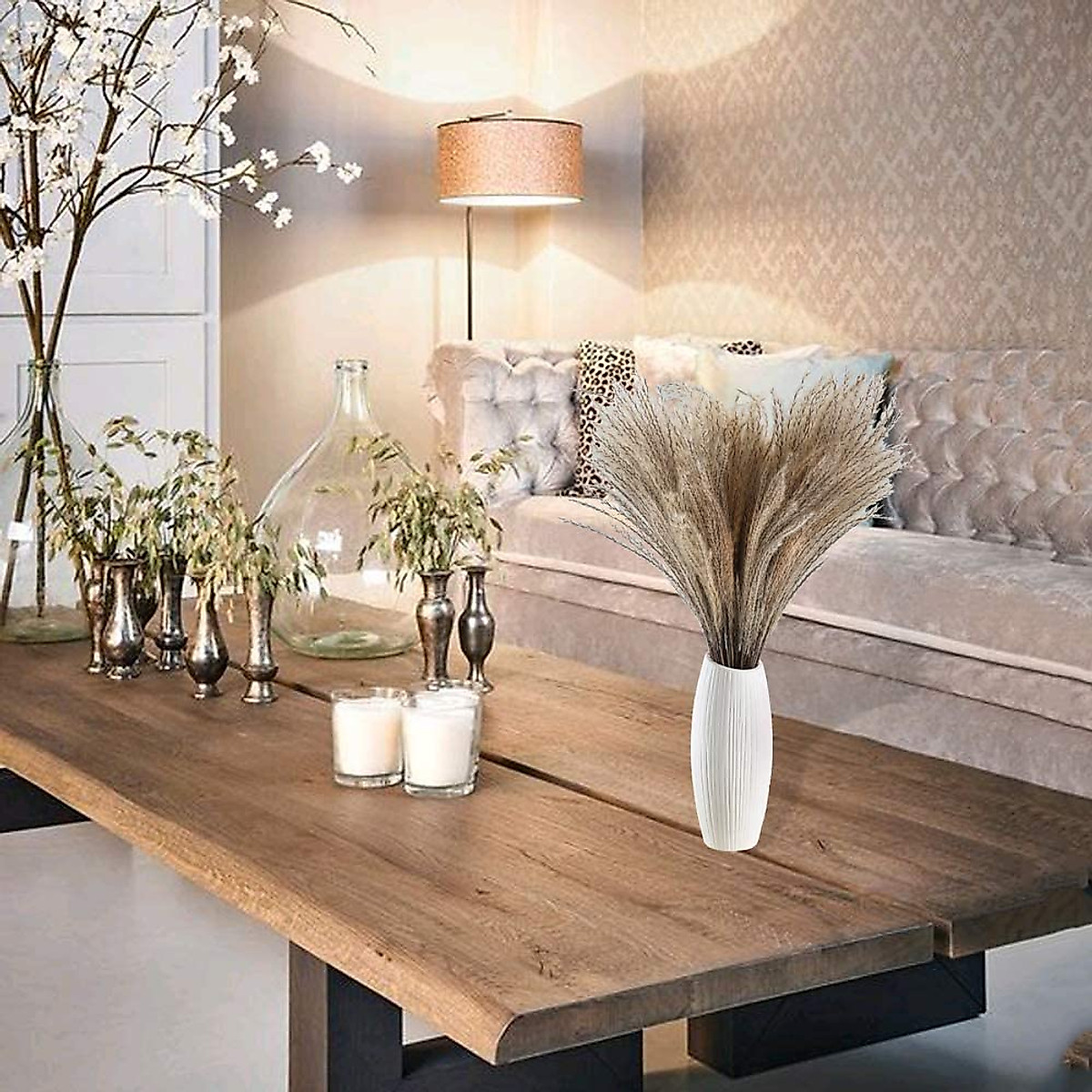 LEUEE 60Pcs Natural Dried Flowers Pampas Grass Phragmites Communis Bouquet Dried Reed Grass Plumes Dried Flowers for Wedding Vase Indoor Home Garden Party Arrangements Art Craft