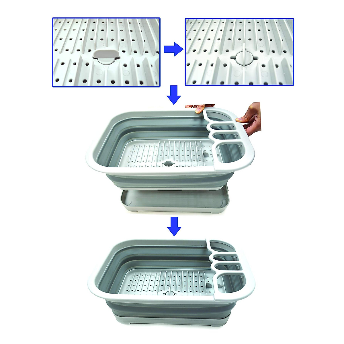 SAMMART 2pcs Kitchen & Outdoor Set : Collapsible Dish Drainer with Drainer Board & 5L Collapsible Plastic Bucket (2, Grey+Grey)