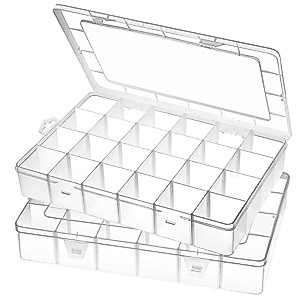 Gbivbe Large 24 Grids Plastic Organizer Box Adjustable Dividers,Clear Storage Box for Jewelry, Art DIY Crafts, Washi Tapes, Beads and Small Parts(2 Pack)