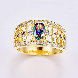 Narica Yellow Gold Plated Women's Vintage Oval Cut Created Blue Sapphire Openwork Ring Wide Band CZ Cubic Zirconia Filled for Mom 9#