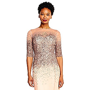 Adrianna Papell Women's Dresse's 3/4 Sleeve Beaded Illusion Gown with Sweetheart Neckline, Rosegold, 10