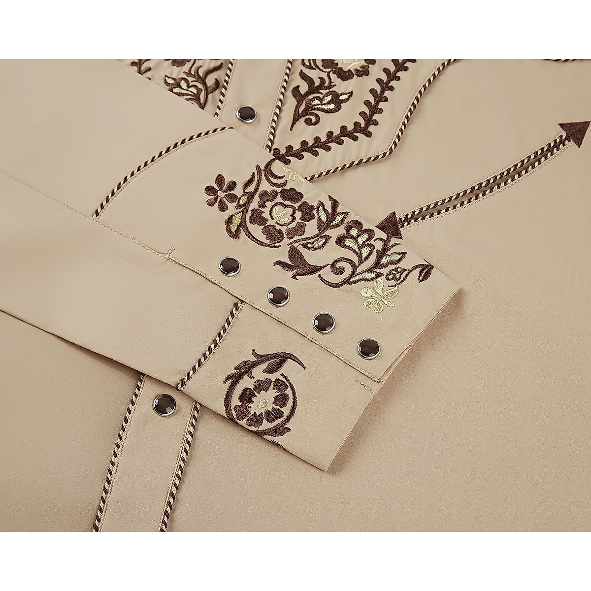 SALVAJE OESTE Western Embroidered Cowboy Shirts for Men, Casual Button Down Long Sleeve Shirt Floral Design Retro Shirt Khaki