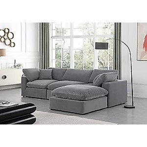 Meridian Furniture 189Grey-Sec4A Comfy Collection Modern | Contemporary Upholstered Modular Sectional, Soft Grey Velvet, Down Feather Cushions, 119" W x 79" D x 34.5" H, Grey