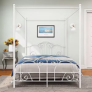 alazyhome Queen Canopy Platform Bed Frame with Headboard and Strong Support Frames Easy Assembly Noise-Free No Box Spring Needed White
