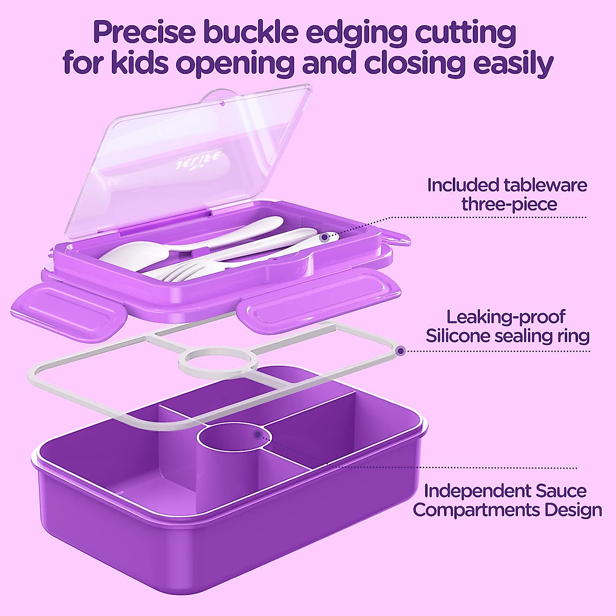 Jelife Lunch Box Kids Bento Box - Large Bento-Style Leakproof 4 Compartments Kids Lunchbox Food Containers with Utensils for Back to School, Reusable On-the-Go Meal and Snack Packing, Purple