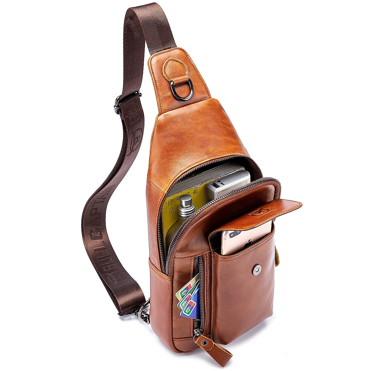 BULLCAPTAIN Genuine Leather Sling Bag for Men Leather Casual Crossbody Shoulder Backpack Travel Hiking Vintage Chest Bags Mens Daypacks (Brown)