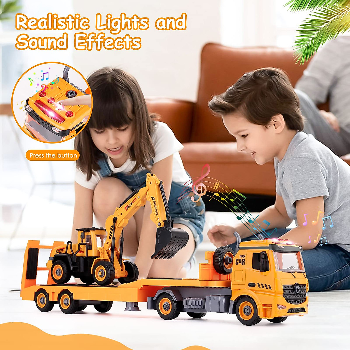 106 PCS Take Apart Trailer Truck & Excavator Toy Set with Electric Drill for 3-7 Year Old Boys and Girls - Friction Power Building Toy Truck Gift for Kids