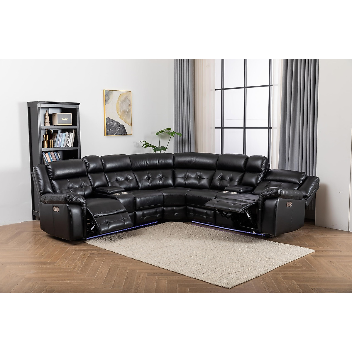 Kingway Power Recliner Chair Sectional Couches with LED Light for Living Room, Electric Faux Leather Reclining Sectional Couch Sets with Storage Console for Home, Black