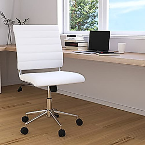 Merrick Lane Corrina White Ergonomic Swivel Office Chair Ribbed Faux Leather Back and Seat Mid-Back Armless Computer Desk Chair with Chrome Base