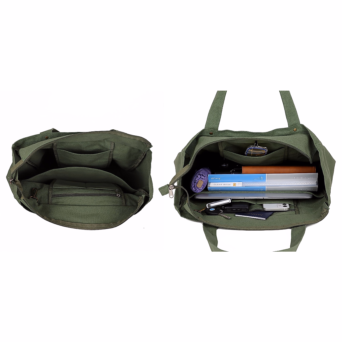 Mouteenoo Large Tote Bag for Women with Zipper Closure and Laptop Compartment Canvas Shoulder Bag for Work Holiday and Travel (Army Green)
