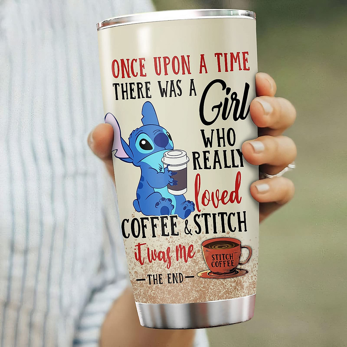 XXME Blue Alien 20 Oz Tumbler With Lid, Once Upon A Time There Was Girl Who Really Loved Cartoon Character Insulated Coffee Travel Tumbler, Gifts For Lovers, Birthday Daughter Son, Beige 1