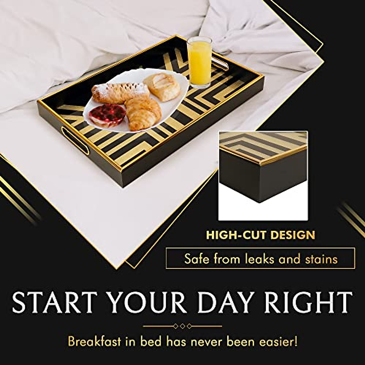 DIVERSITY TRADE Gold & Black Serving Tray w/ Handles – 17'' x 12'' Black Decorative Tray Large Ottoman TrayLiving Room Leak Proof Coffee Table Tray Glass Serving TrayOttoman Coffee Table (CX80225)