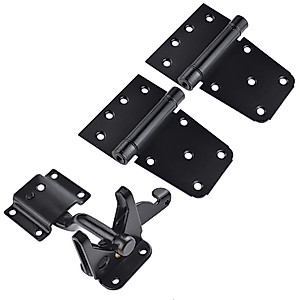 Self-Closing Gate Hardware Kit,1 Pack Self-locking Gate Latch and 2 Pack 3.5inch Heavy Duty Adjustable Spring Gate Square Barn Hinges,Black Finish Gate Hardware Set for Wood Vinyl Fence Gate Shed Door