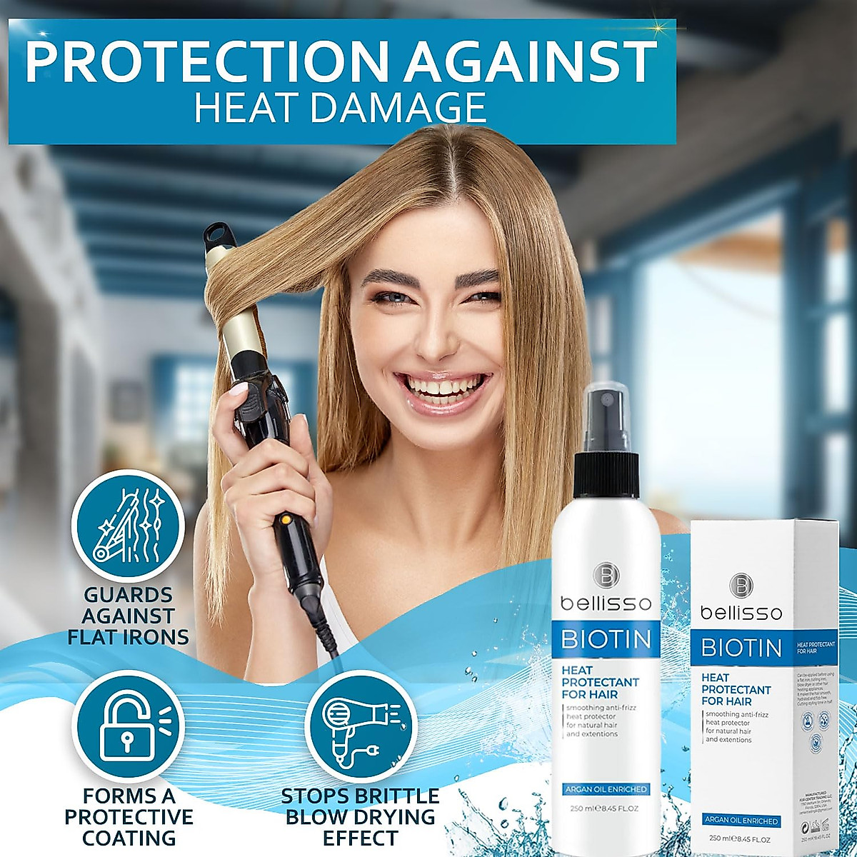 BELLISSO Biotin Heat Protectant Spray with Moroccan Argan Oil and Biotin Shampoo and Conditioner Set and Biotin Hair Mask