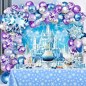 Ice Themed Party Decorations, Snow Birthday Decorations with Blue Purple Balloon Arch Kit Ice Snow Castle Photography Backdrop Banner and Snowflake Tablecloth for Girl Women Party Decor