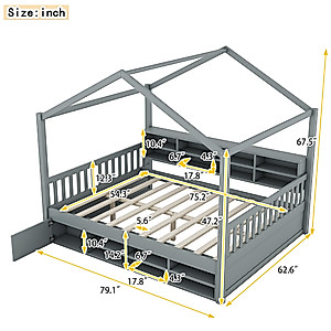 Kids House Bed with Storage Shelves, Full Size Montessori Bed with Bookcase Sideboard, Wooden Cabin Bed Frame with Cabinet for Girls Boys Teens, White