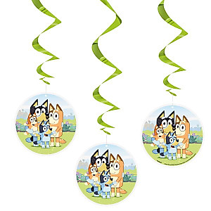 Bluey Birthday Party Supplies Bundle includes 1 Happy Birthday Banner , 3 Hanging Swirl Decorations, 1 Dinosaur Sticker Sheet