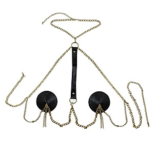 Caviotess PU Leather Metal Chain Tassel Nipple Cover with Choker, Sexy Reusable Round Pasties Bondage Body Chain Harness Black
