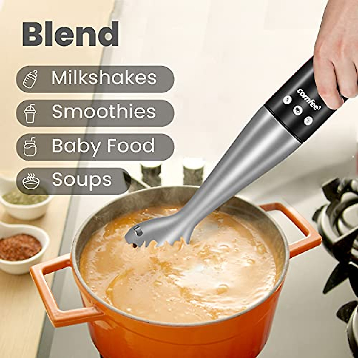 COMFEE' Immersion Hand Blender, Brushed Stainless Steel, 2-Speed, Multipurpose Stick Blender with 200 Watts, 600ml Mixing Beaker and Whisk, Perfect for Baby Food, Smoothies, Sauces and Soups, Black