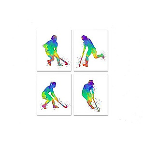 Field Hockey Player Abstract Wall Art, 8x10, Ready to Frame Set of 4 Prints, Ideal for Female Players, Coaches and Hockey Fans - Great Teen Girl Bedroom, Hockey Club Locker Room or Dorm Room Décor