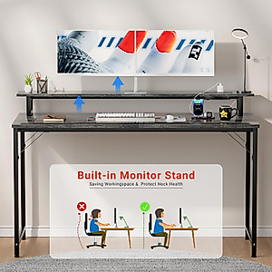 iSunirm 47 inch Computer Desk with Power Outlets, Gaming desk with LED Lights, Home Office Work Desk with Monitor Shelf, Modern Office Desk Study Writing Table for Small Spaces, Black Oak