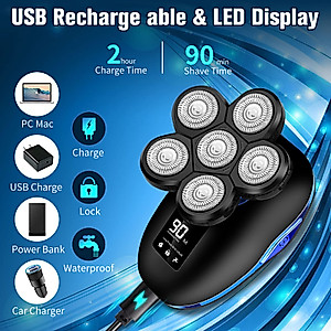 6 in 1 Electric Rotary Shaver for Bald Men - Cordless Wet/Dry IPX7 Waterproof with LED Display and Shaver Kit