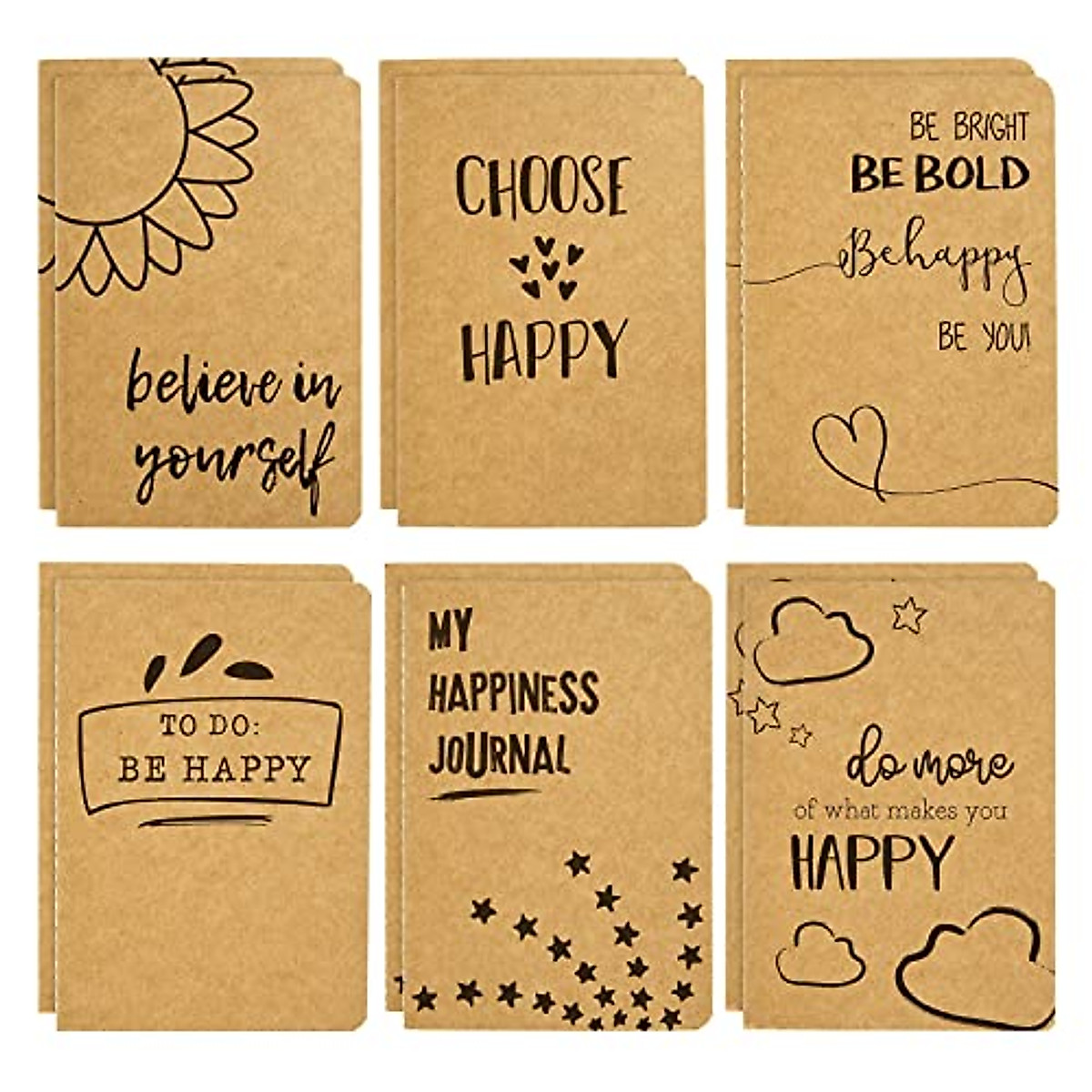 12 Pack A6 Kraft Paper Notebooks, Happy Journal for Kids, Teens, and Girls, 80 Lined Pages (4 x 5.75 In)