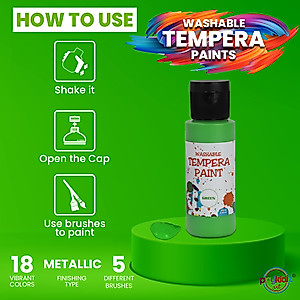 Playkidiz Washable Tempera Paints Set of 18 for children, Kids Non-Toxic Acrylic Paint, Kid Friendly, Kid Safe Paint Set, Includes Variety of Brushes, Color, Craft, Create and Party.