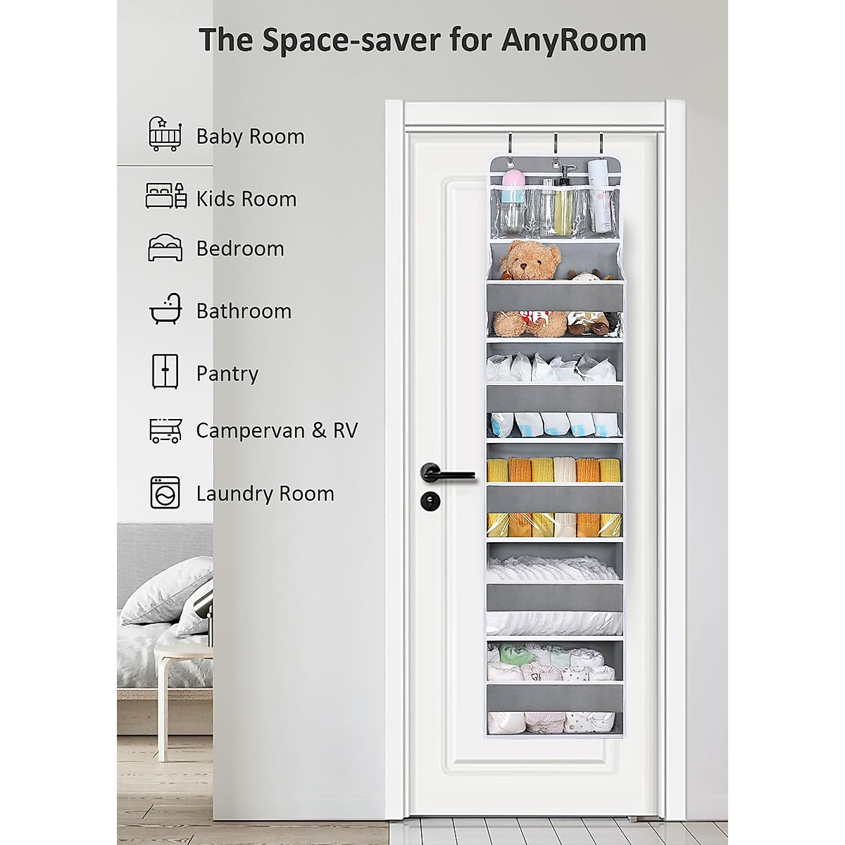 BLOROOM Over the Door Organizer Hanging Storage with 3 clear slip pockets and 5 Large Pockets 10 Side Pockets Closet Door Organizer Heavy Duty Baby Organization for Bathroom,Pantry,Bedroom,Nursery