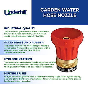Underhill Precision Cyclone Garden Water Hose Nozzle Sprayer, 50+ GPM 80 PSI, 3/4-Inch Thread Inlet, High Pressure Heavy-Duty Brass and Rubber, HN5000